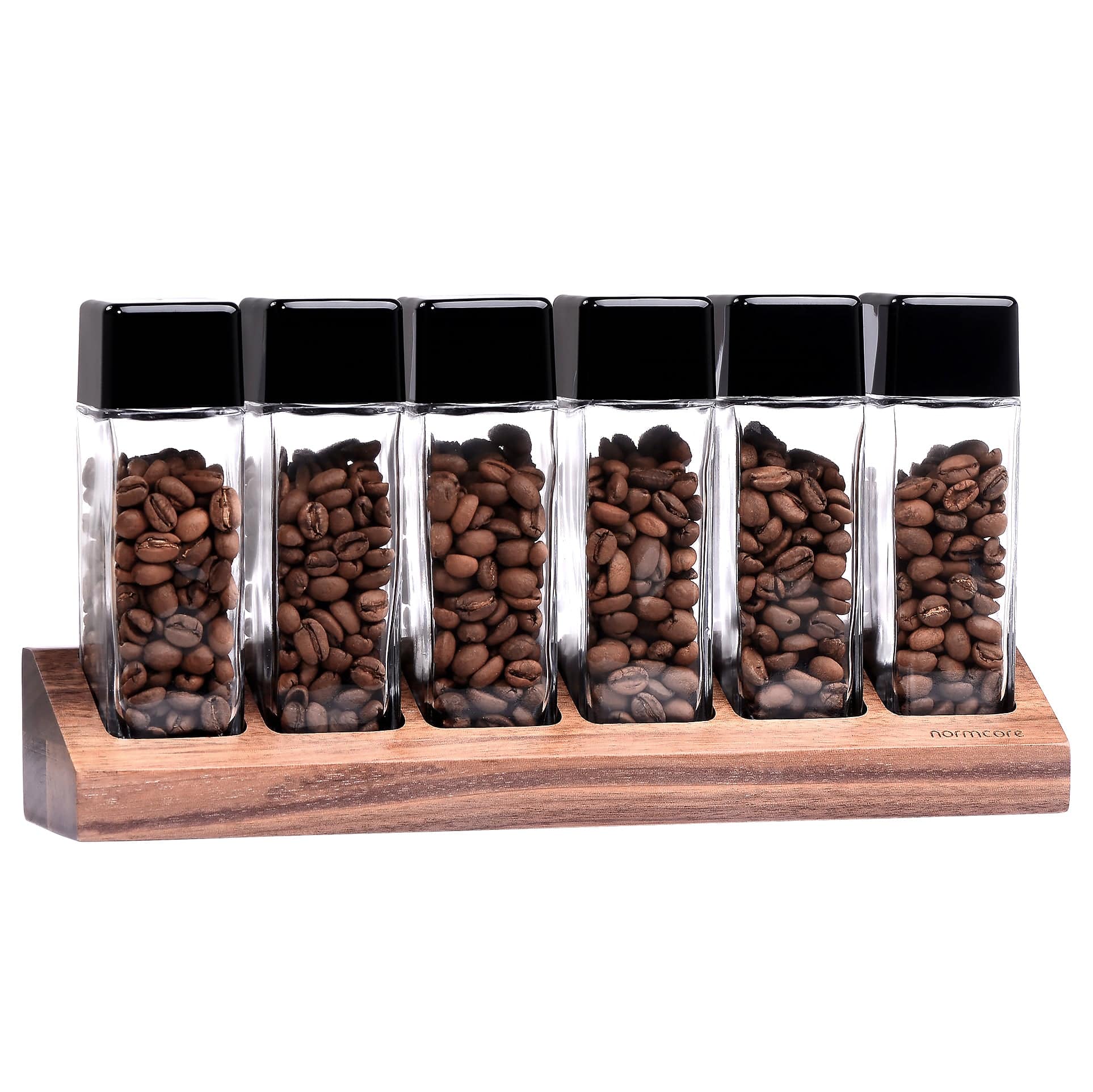 Normcore / 6 GLASS TUBES COFFEE BEAN CELLARS WITH WALNUT STAND